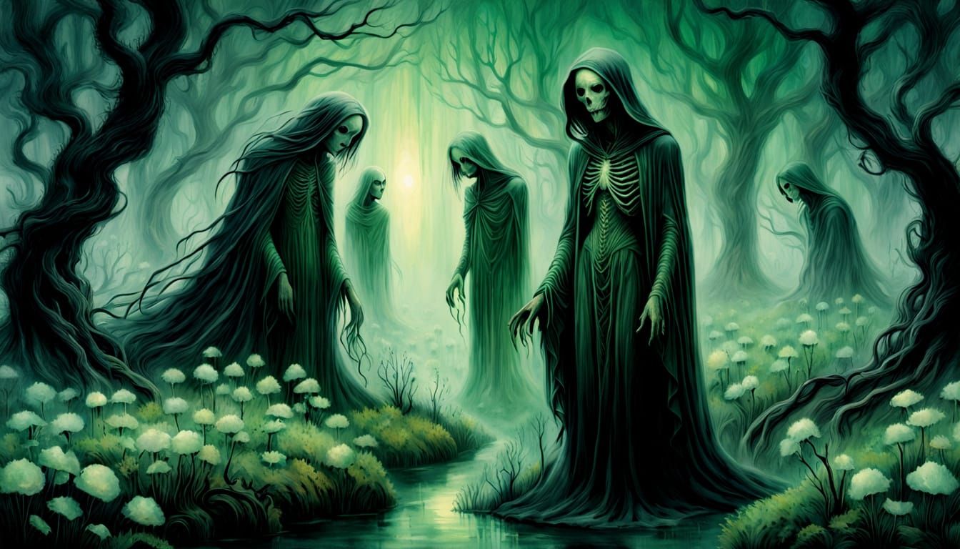 Ethereal Beings Amidst Ghastly Green Bloom, in Del... - AI Art