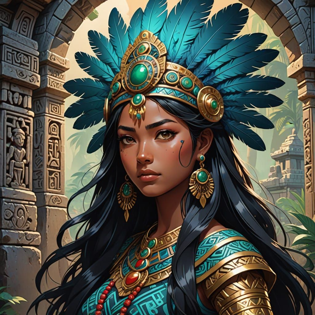 Majestic Aztec Princess in Ancient Temple - AI Art