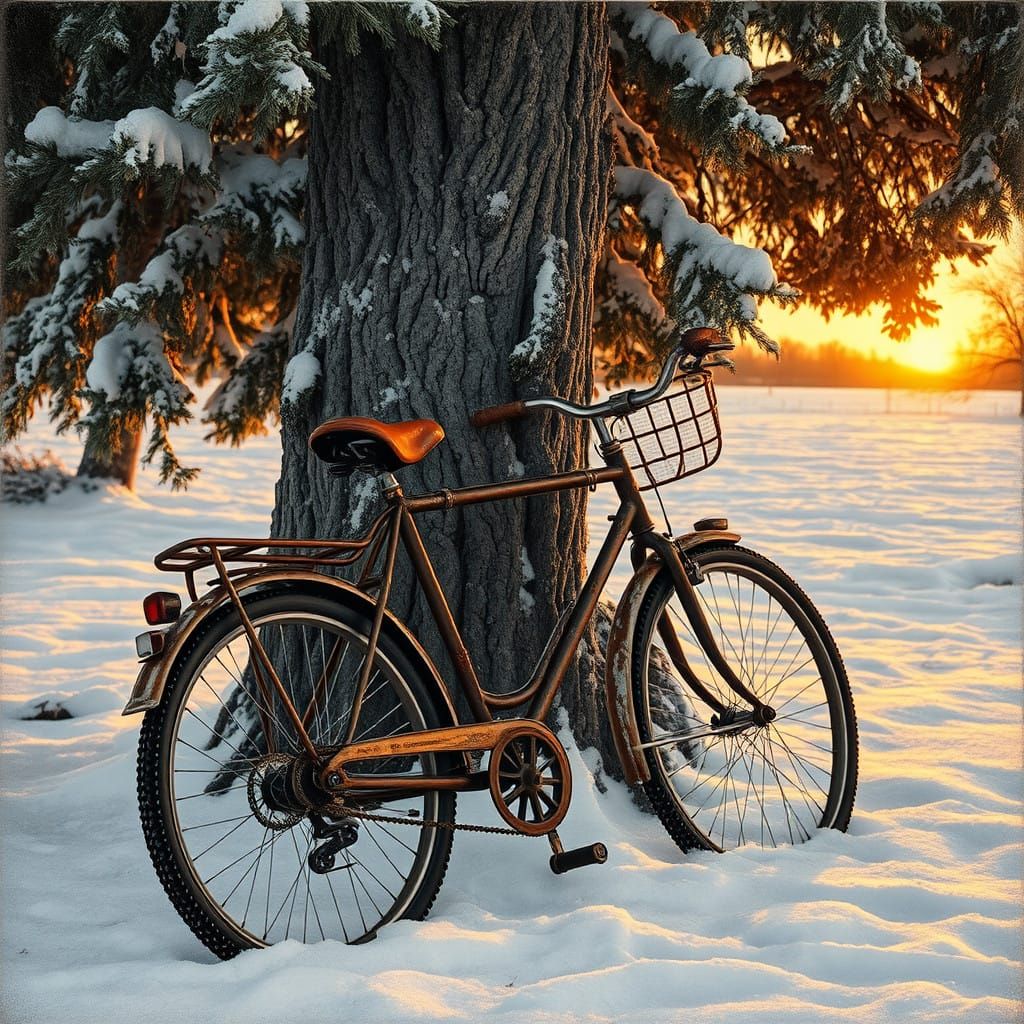 Photo of a bicycle leaning on a snowy tree, at sunset.