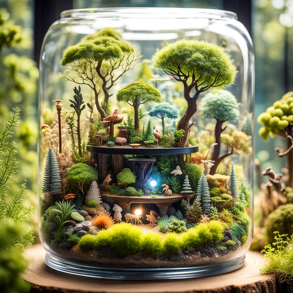 miniature ecosystem within a glass jar, showcasing a tiny, self ...