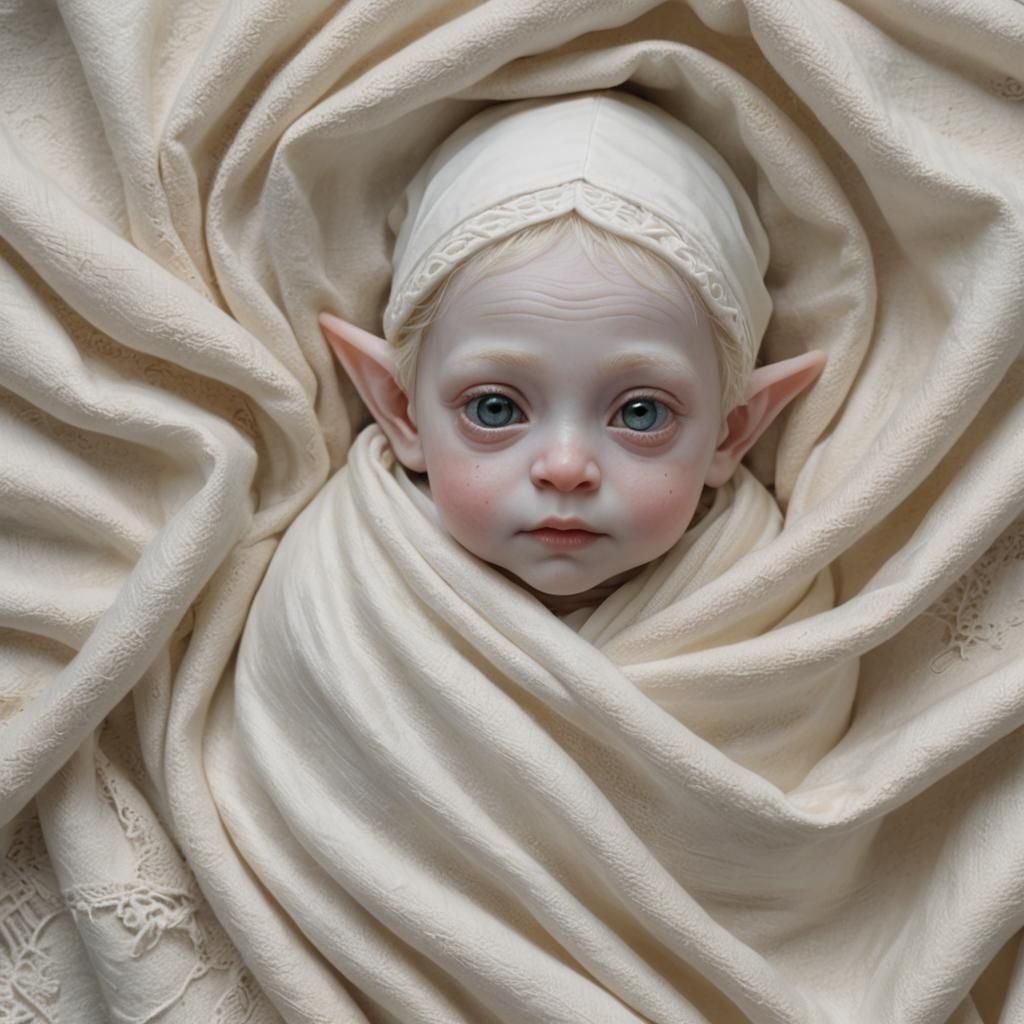an albino baby fey elf with colourless eyes and white skin and wrapped ...