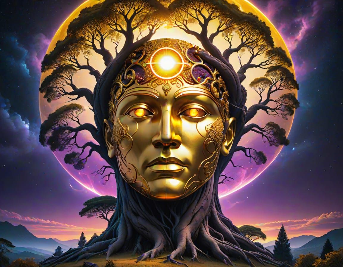 The Golden Ancient Visage of the Sacred Tree Beneath a Cosmic Canopy