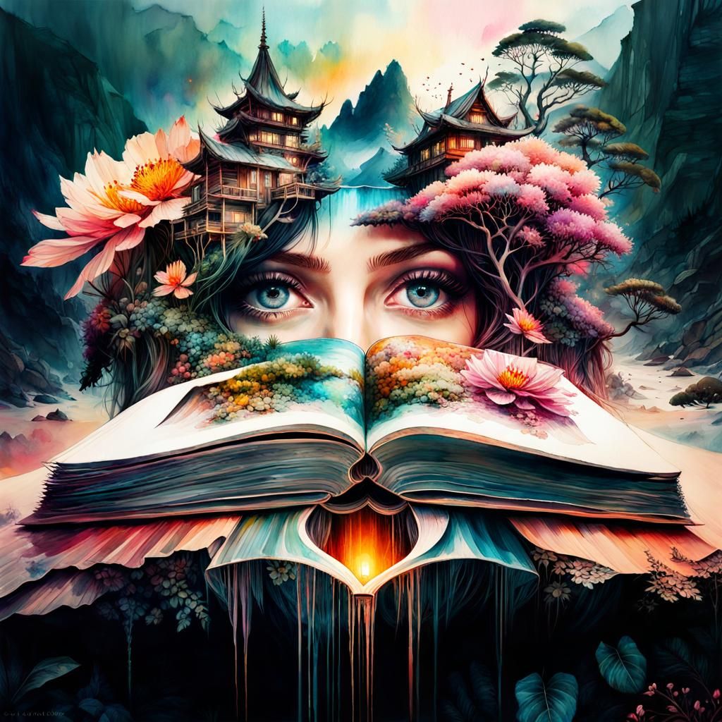 Watercolor double-exposure book - AI Generated Artwork - NightCafe Creator