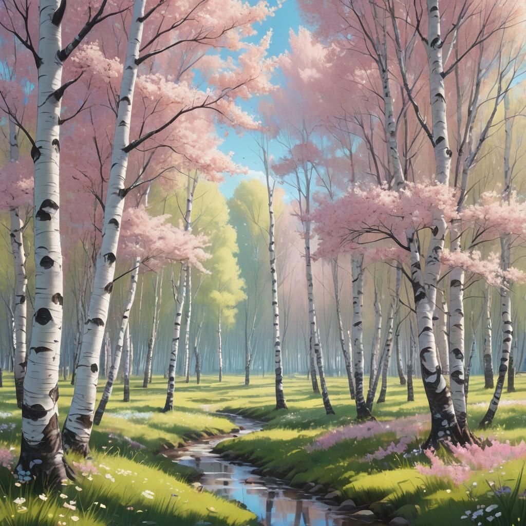 Spring landscape with birch trees in pastel colors - AI Generated ...