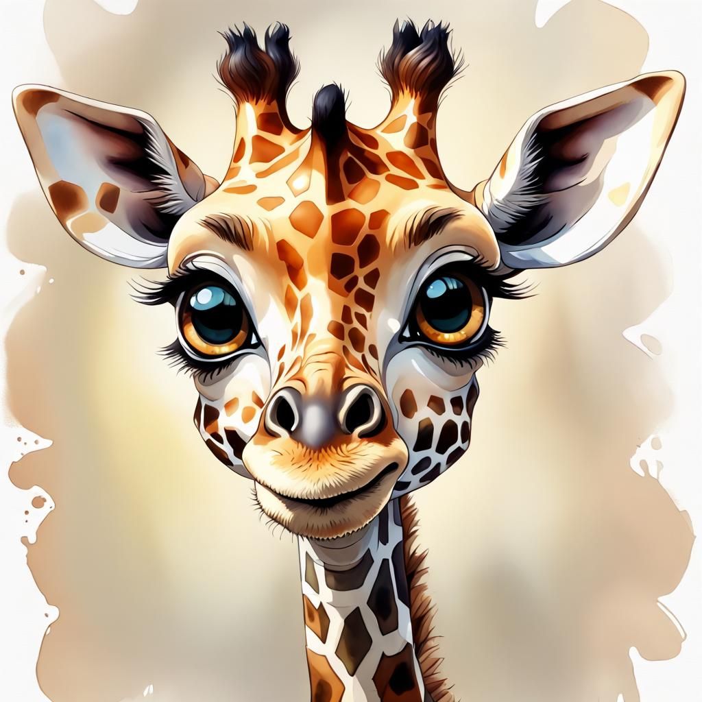 Portrait of an adorable happy cute whimsical small chibi giraffe chibi ...