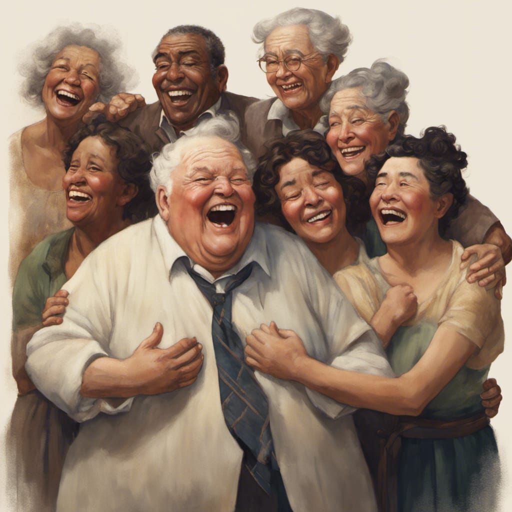 Group of old laughing fat, multiracial ladies hugging one skinny ...