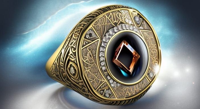 A wizards ring with an wide, ornate platinum band engraved with magical ...