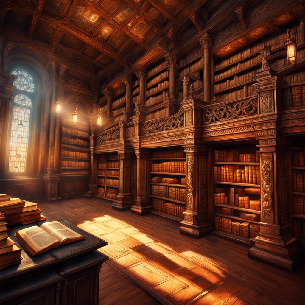An ancient library, scrolls, old books on shelves. High resolution ...