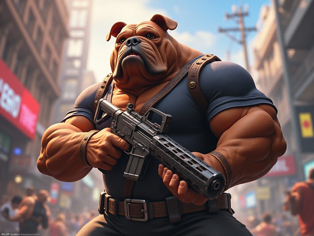 Surreal Hyperrealistic Bulldog Wields Machine Gun - AI Art