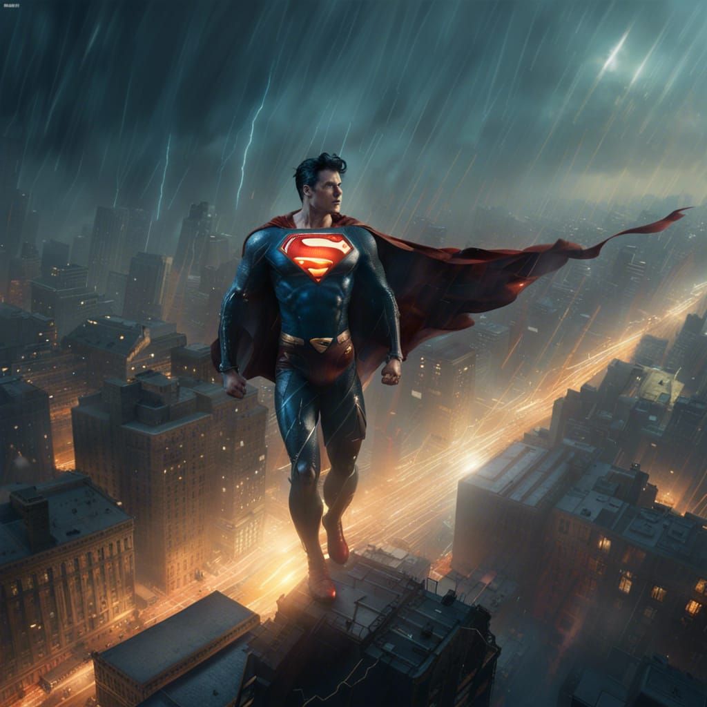 a Superman steampunk flying over the rough weather city, late night ...