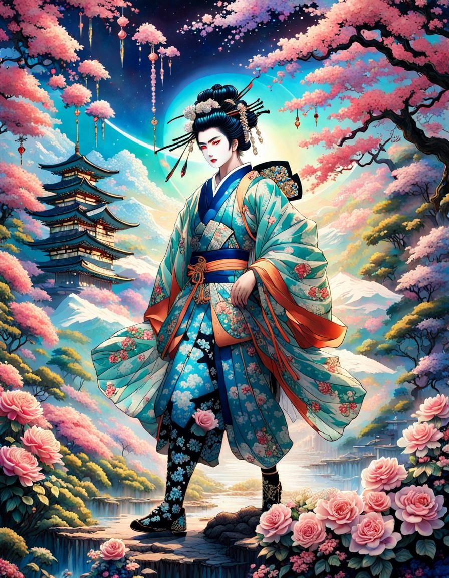 (Hyper detailed epic anime portait of a male geisha with intricately ...