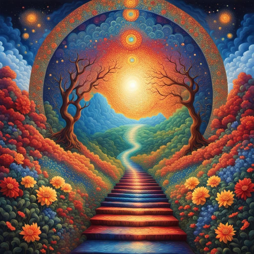 "Visualize a vibrant path leading to heaven, adorned with an explosion ...