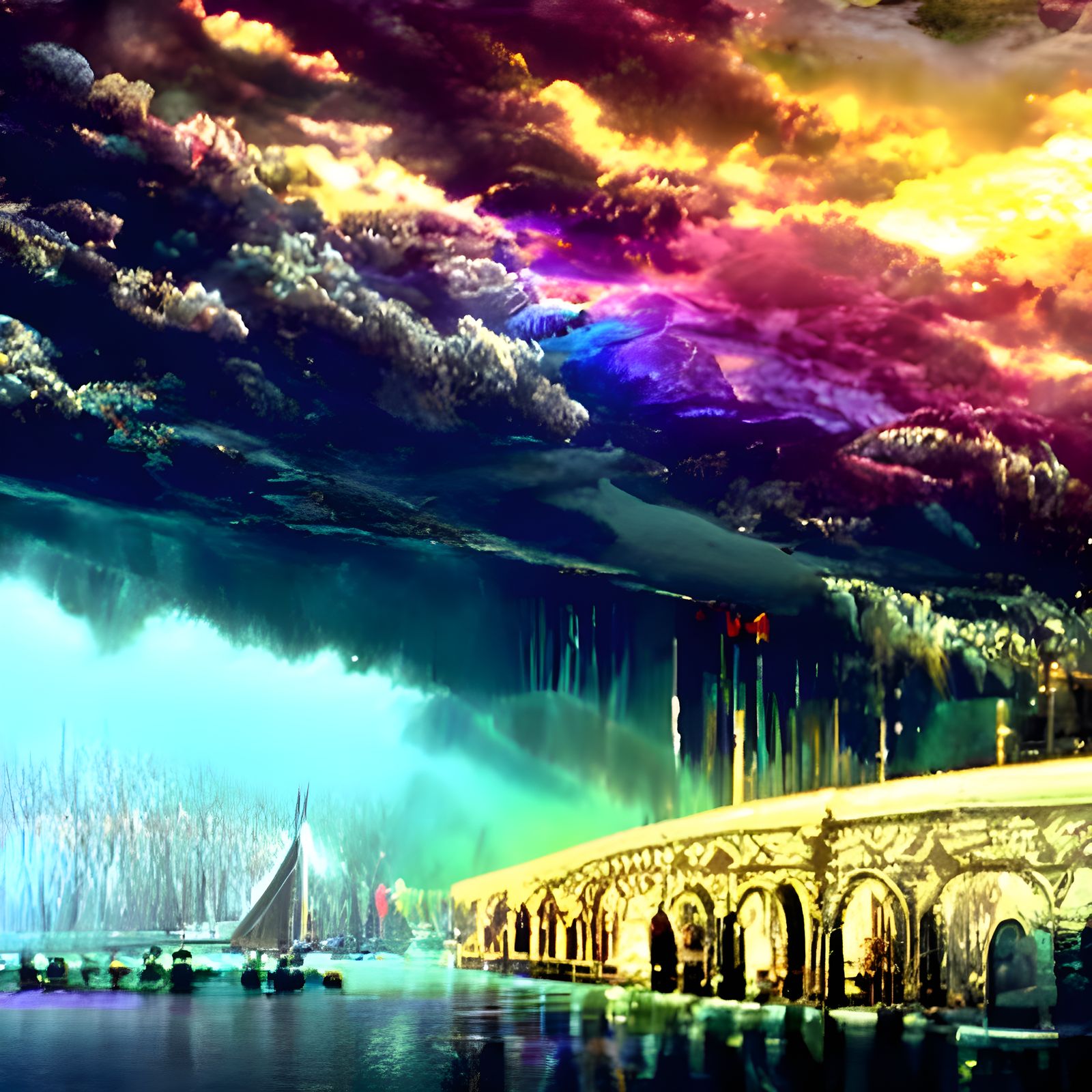 arc en ciel au dessus d'un lac brumeux Epic cinematic brilliant ...