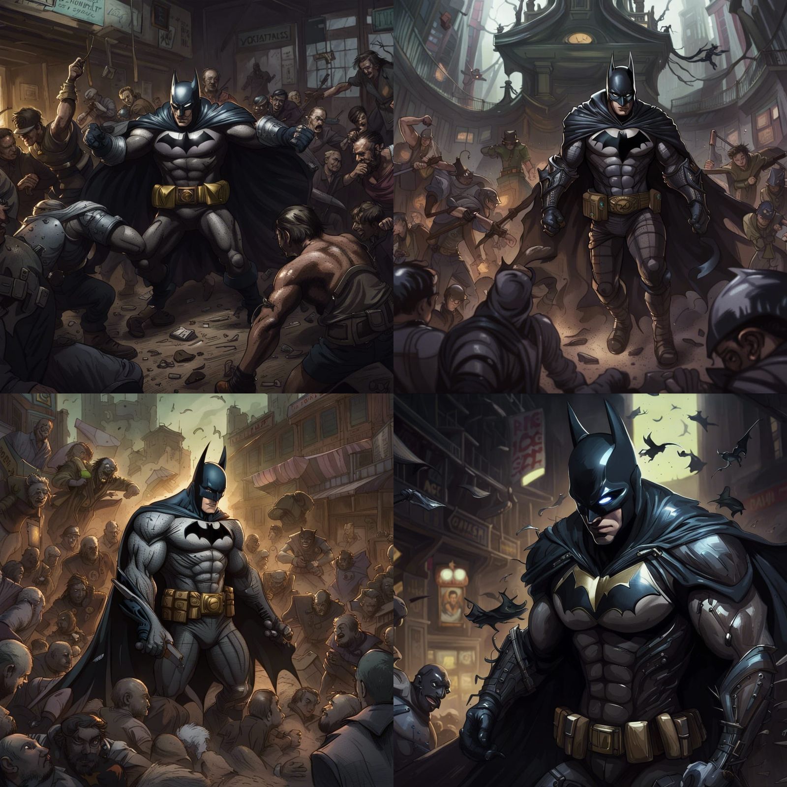 Batman, surrounded by goons, fighting the Joker in an abandoned ...