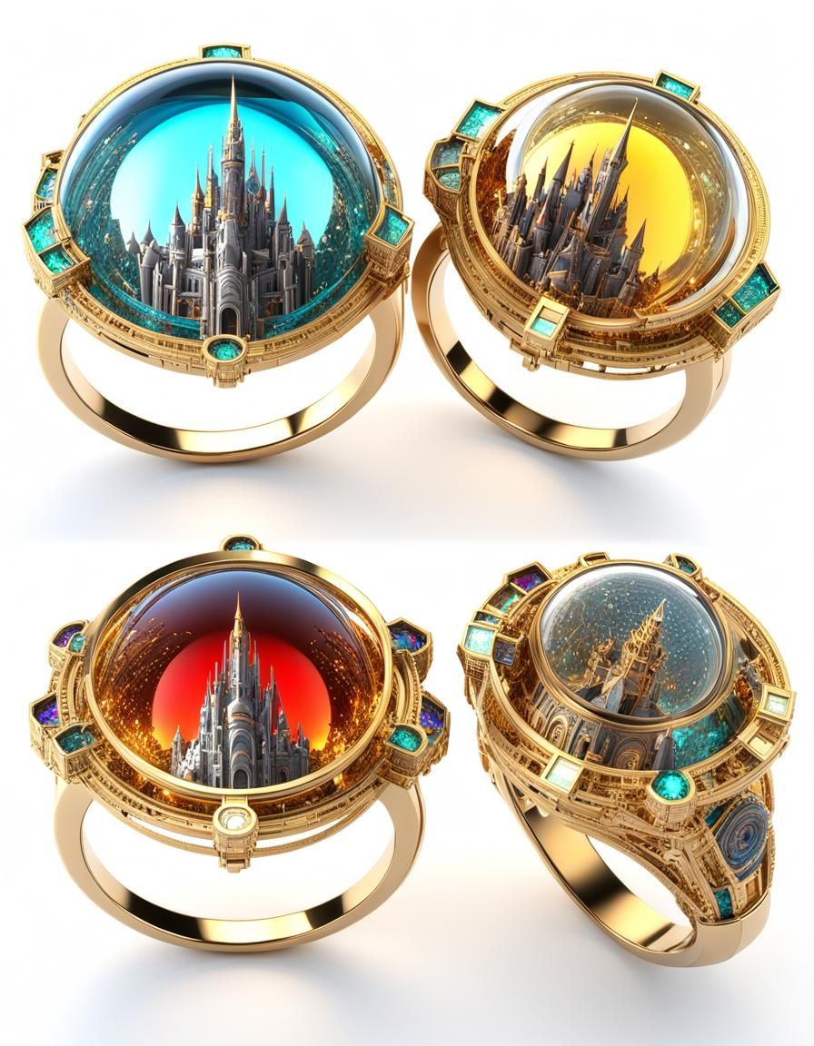 Exquisite metal castle on metal ring, four rings in total, double ...