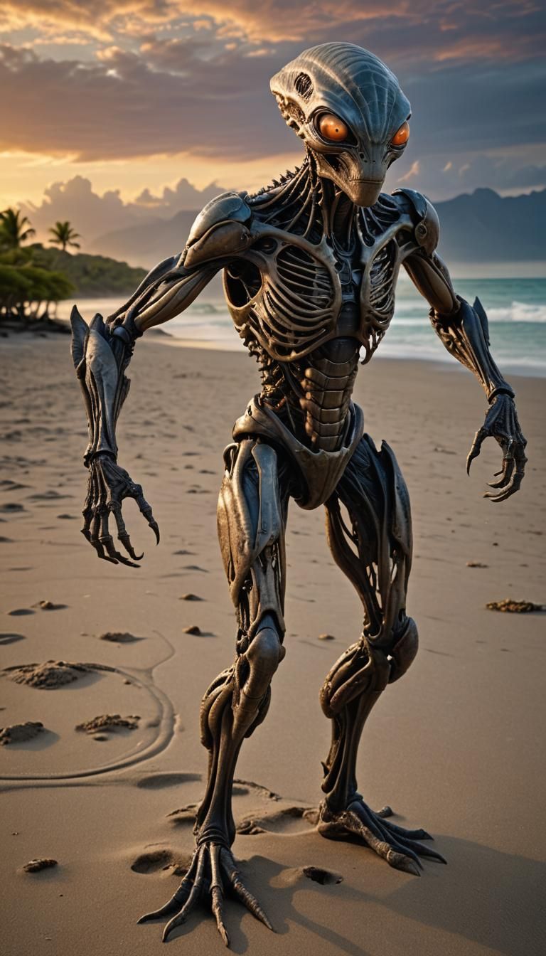 alien on a sunset beach - AI Generated Artwork - NightCafe Creator