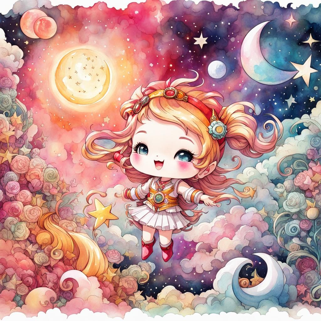 Insanely detailed digital watercolor illustration of The happy Adorable ...