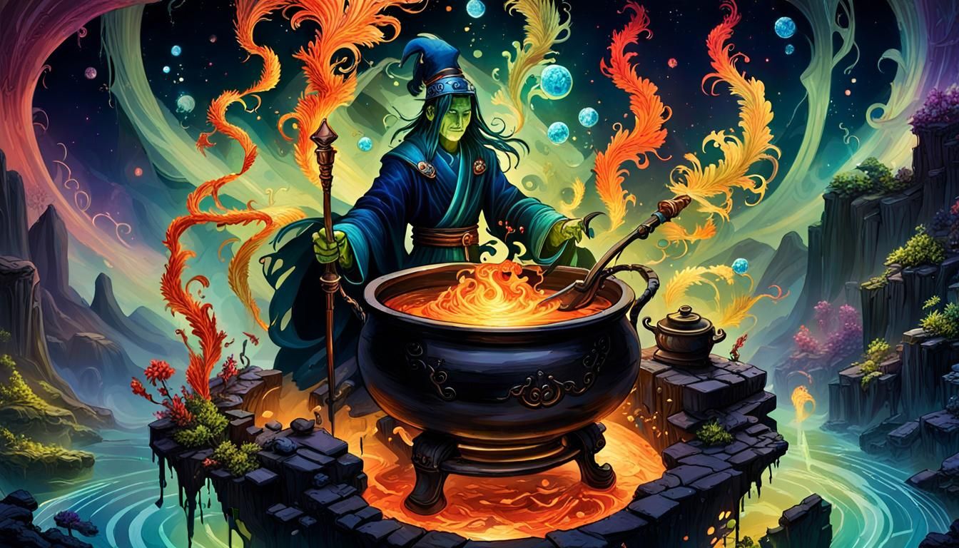 Sorcerer, 🦉, boiling cauldron, Blazing, Alcohol Ink, Deep Saturation ...