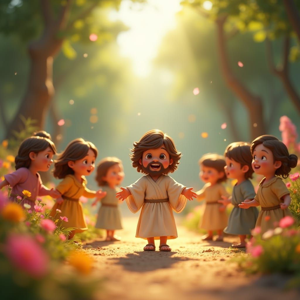 Jesus Infantil Brincando com Crianças em um Jardim... - AI Art