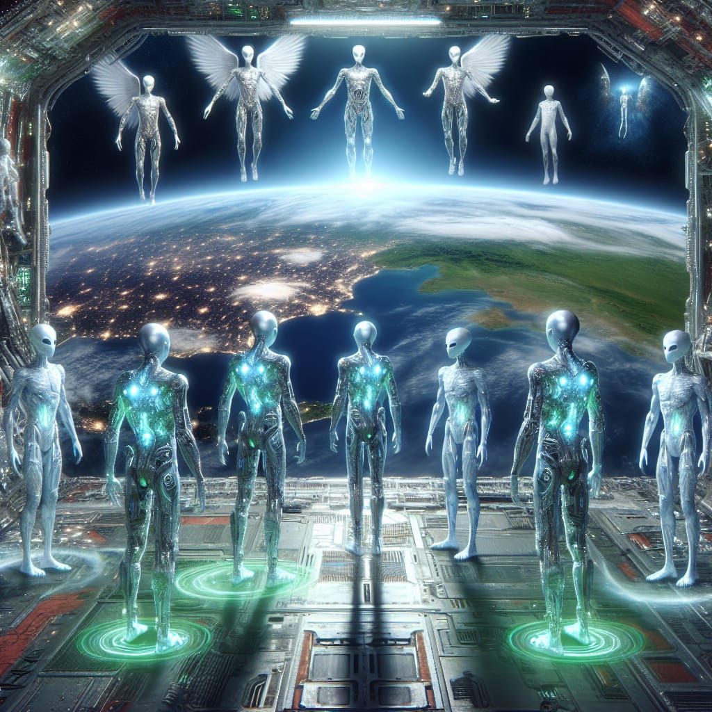 Imagine cyborg angel aliens ready to land on Earth - AI Generated ...