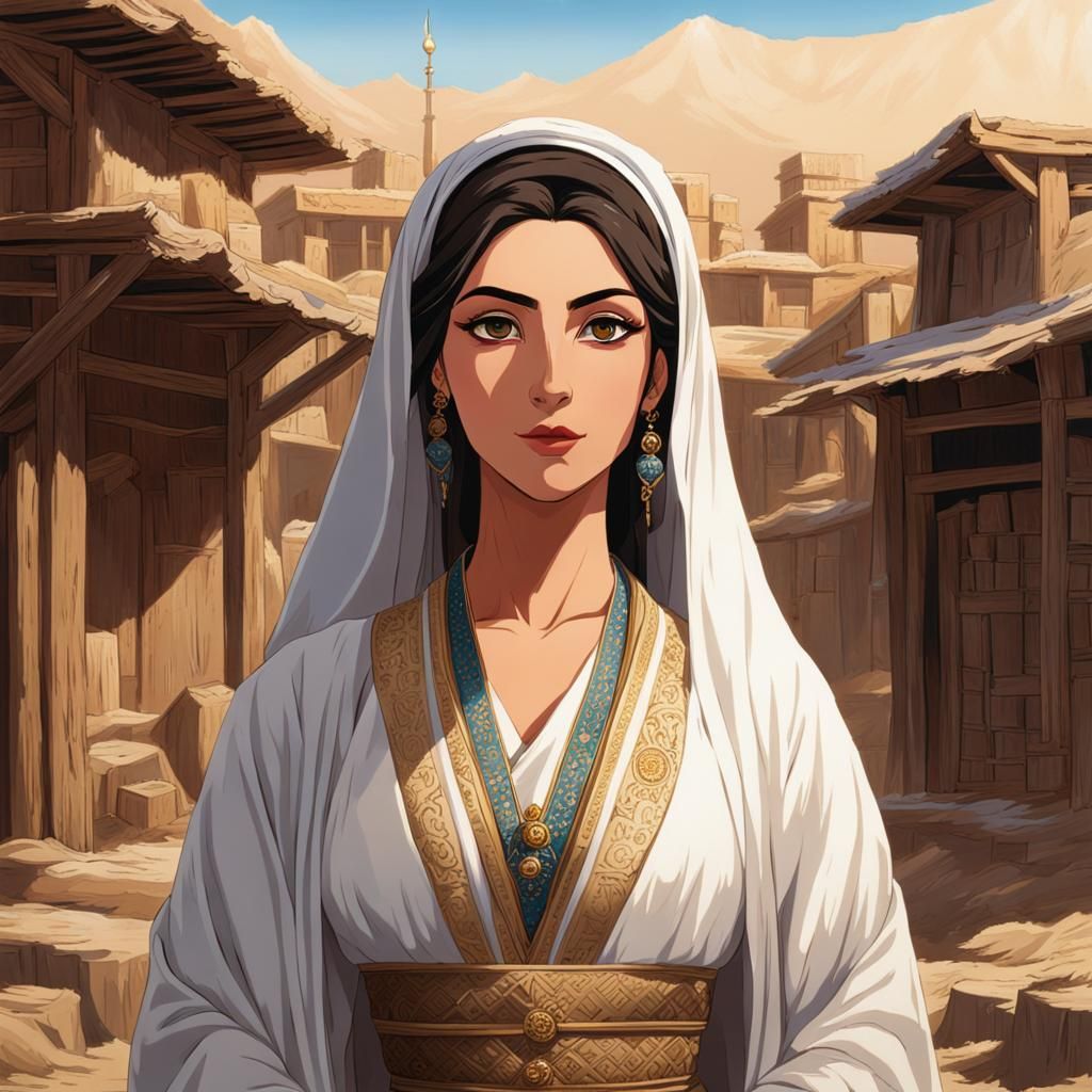Anime portrait of a young Persian noble woman, dressed in a simple robe ...