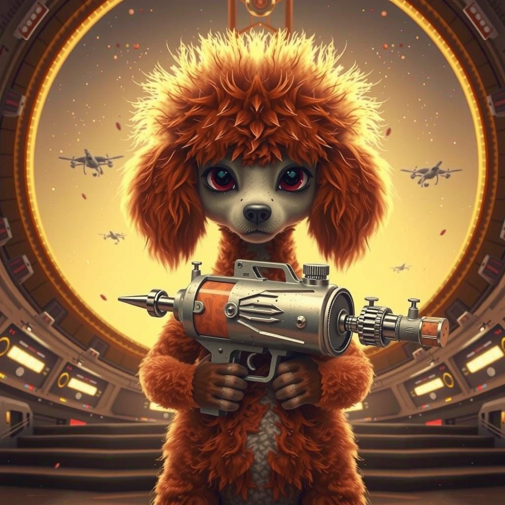 Sleek Alien Poodle Hybrid Wields Retro Ray-Gun in ... - AI Art