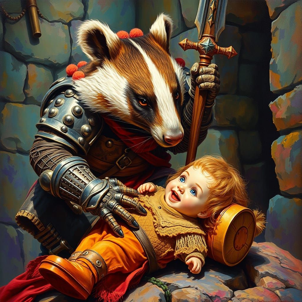 An armoured badger soldier rescues a CHILD'S DOLL as he ransacks the castle