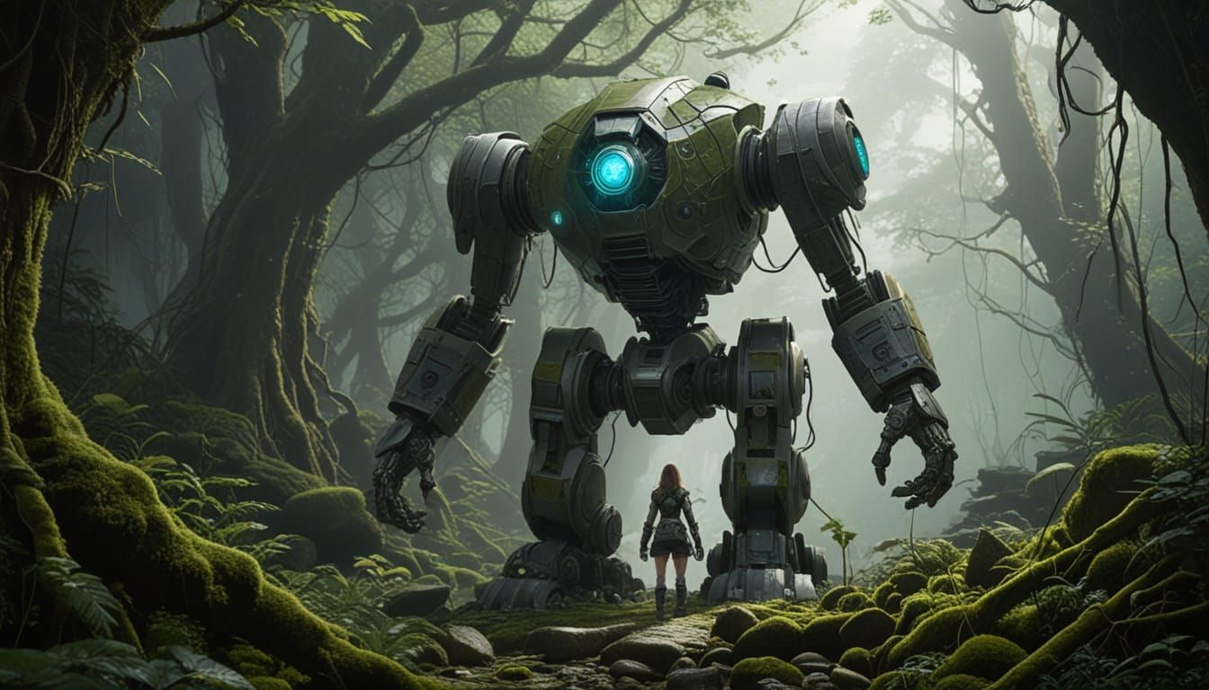 A giant robot with an organic shape, exploring a mysterious ancient ...