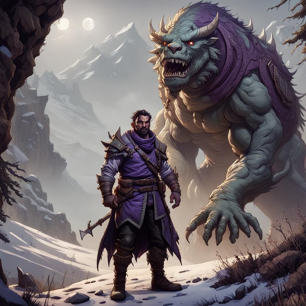 gray-skinned half-orc ranger standing next to a lindworm, fantasy ...