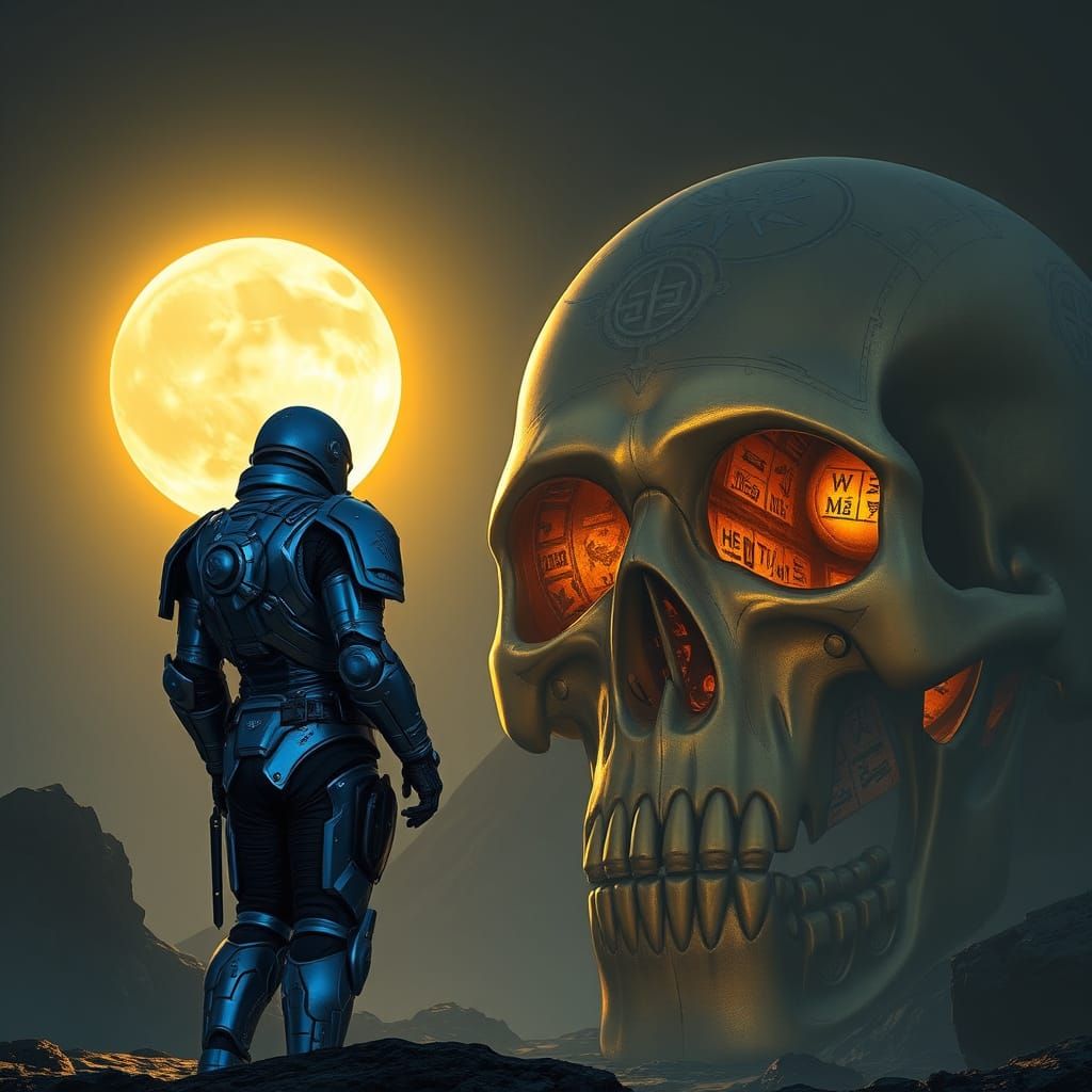 Warrior in Metallic Blue Armor Confronts Ancient G... - AI Art