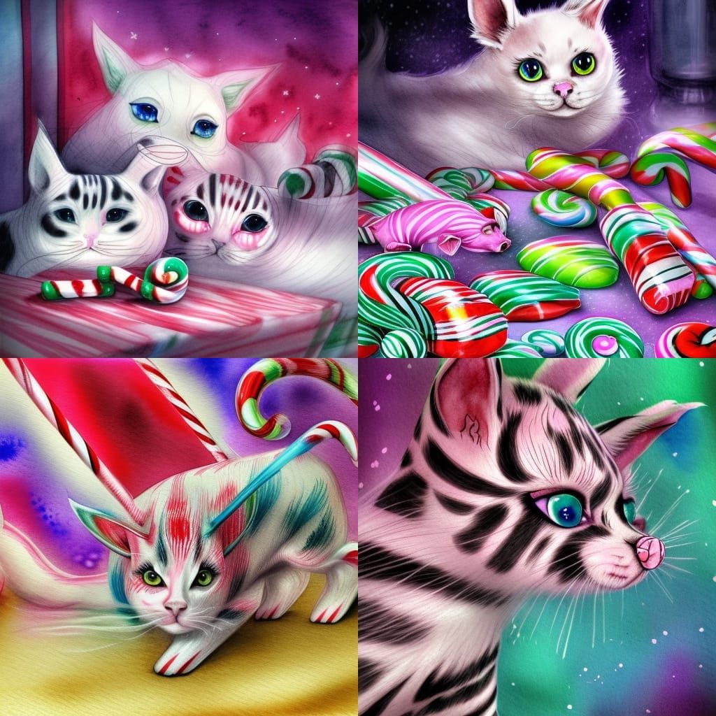 Candy Cane cats,Polka Stripe Pigs and other assorted candies on a table ...