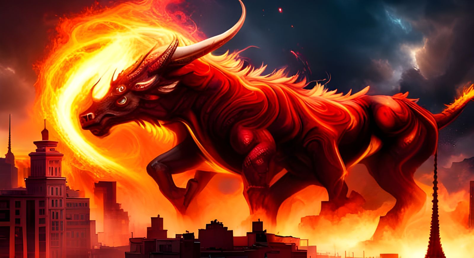 Bull dragon invading city - AI Generated Artwork - NightCafe Creator