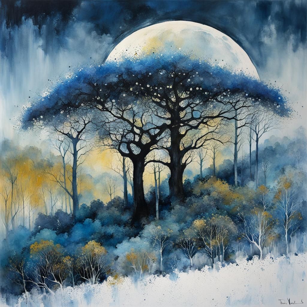 Happy blue forest moonscape in art brut style by Stewart Edmondson ...