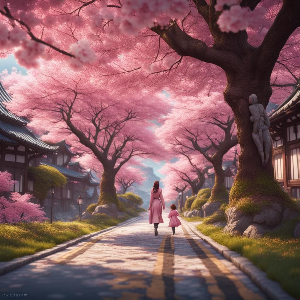 spring delight, sakura trees, gril walking under sakura tree on the ...