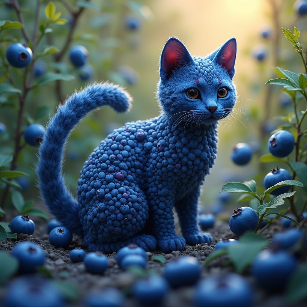 Blueberry cat - Whimsical Blueberry Feline Amidst Vibrant Fi...