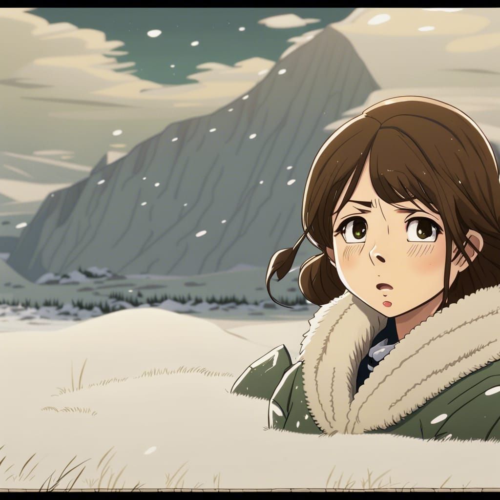 A young Inuit woman staring in disbelief. The landscape is grassy with ...