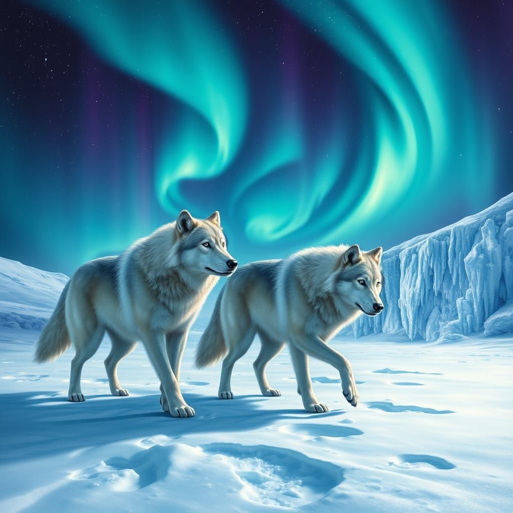 Arctic wolves hunting under dancing Northern Lights beside frozen ...