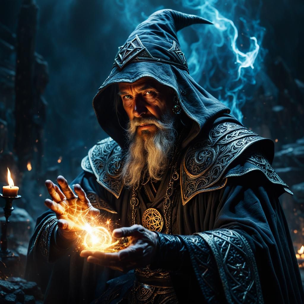 Splendid view of a wizard conjuring healing magic through his hands ...
