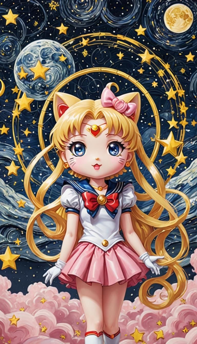 Sailor Moon as Hello Kitty, starry night as background, hyper details ...