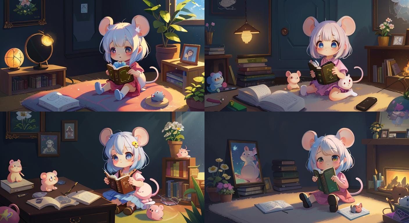 Cute adorable little mouse . The literate mouse, at home in the library ...