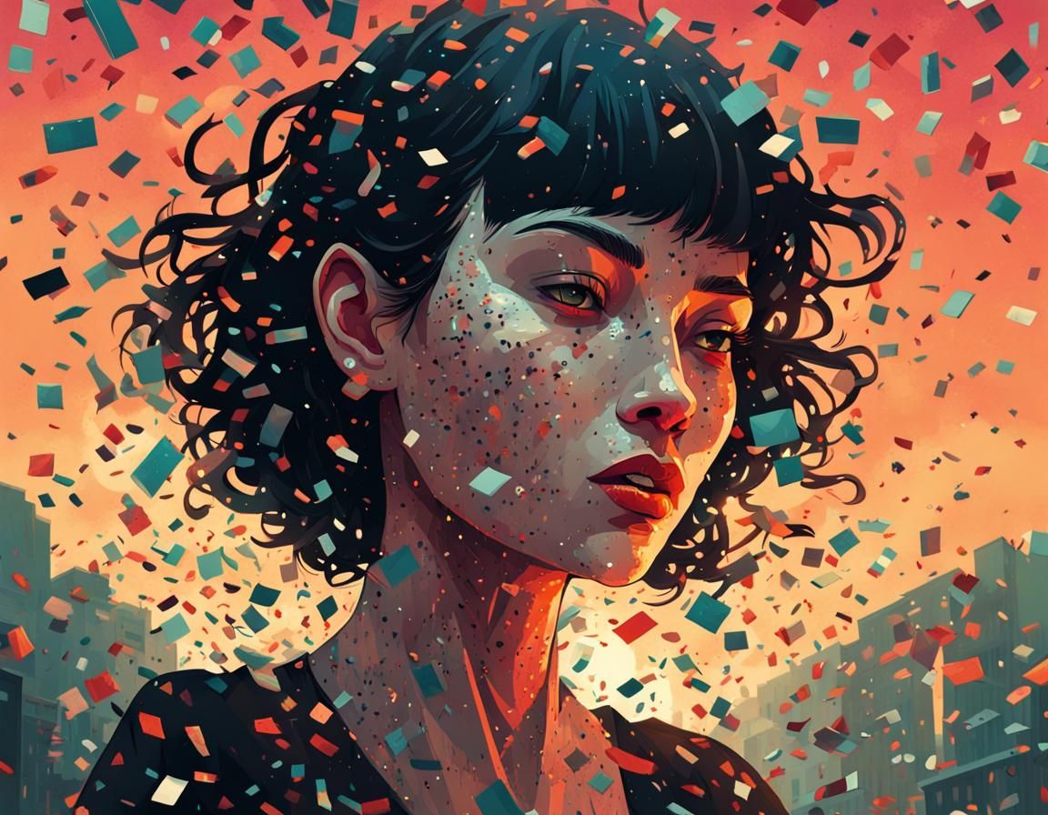 a shower of confetti at sunset, high contrast, 80s art, in the style of ...