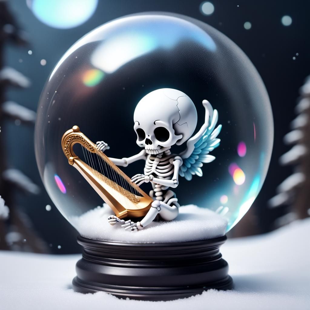 A cute little skeleton cherub playing a harp in a snow globe. - AI ...