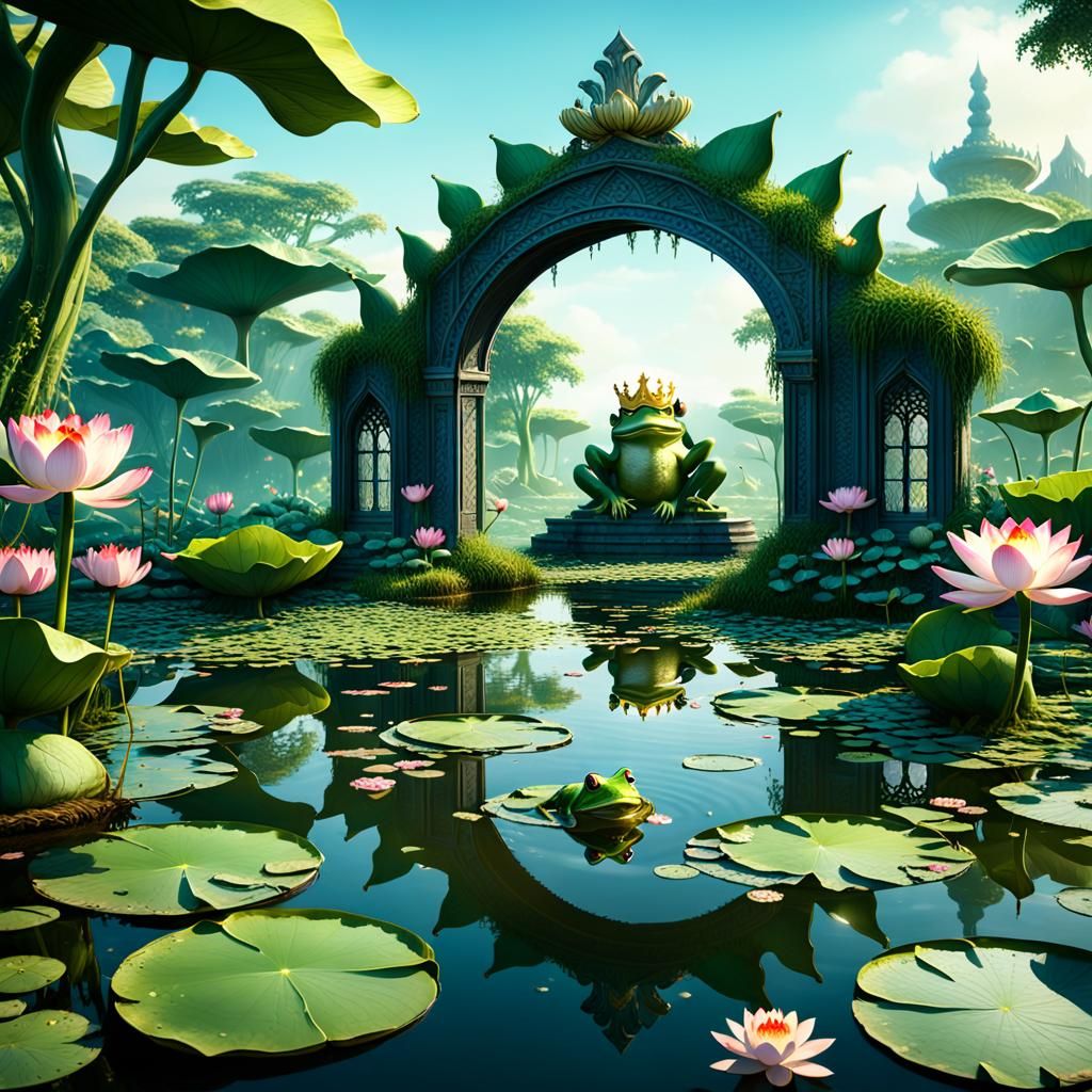 Epic entrances: A serene pond setting with lush lotus plants and epic ...