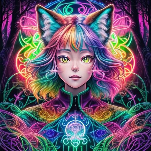 (Hyper detailed iridescent artwork of a magical fox spirit in dazzling ...