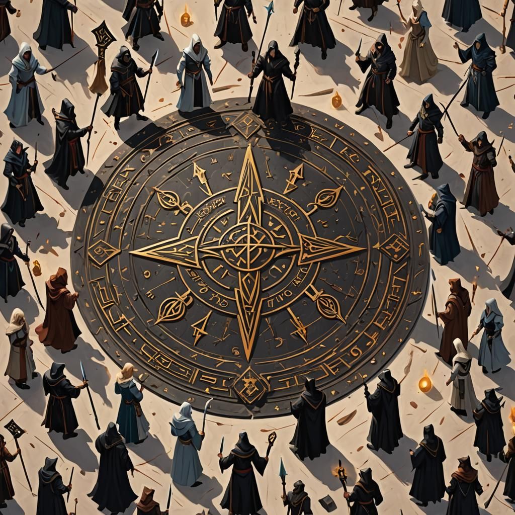 A group of mages stand in a circle covered in runes and summon the epic ...