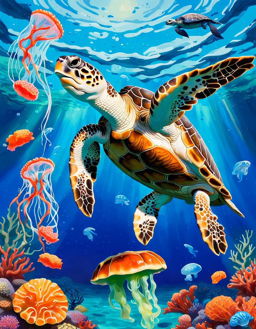 Green turtles and jelly fish - AI Generated Artwork - NightCafe Creator