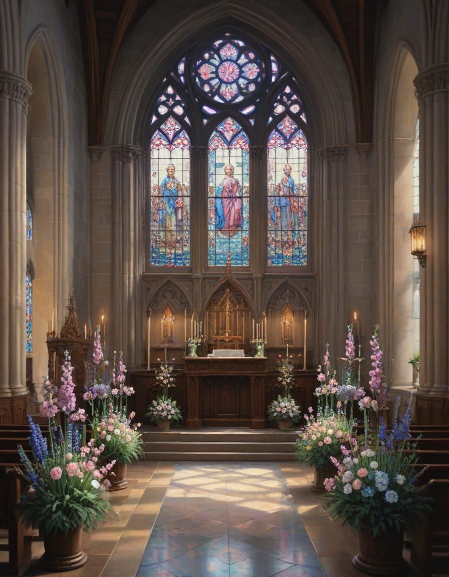 Cathedral altars within an interior scene adorned with stained glass Windows and lt. pink ...