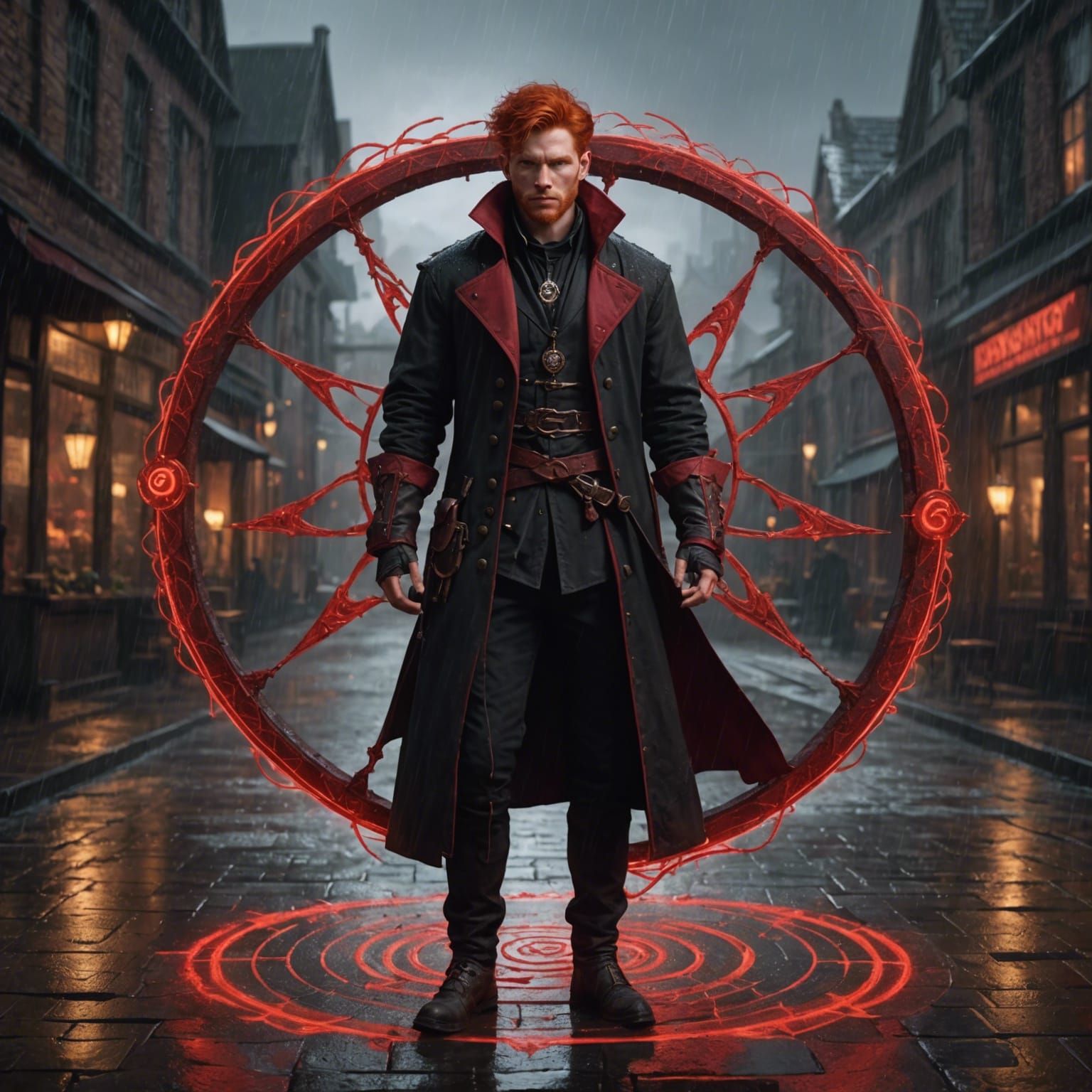A red haired male alchemist, wearing black and red, standing in front ...