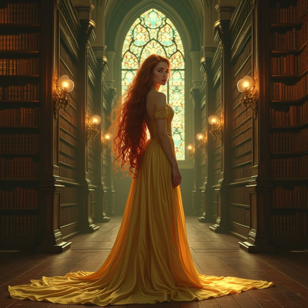 Elegant Teenage Maiden Poses in Golden Gown Before... - AI Art