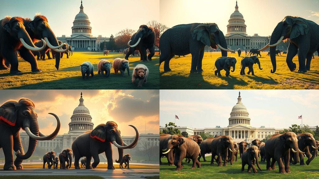 Mastodons Stroll American Landmarks in Vibrant Det... - AI Art